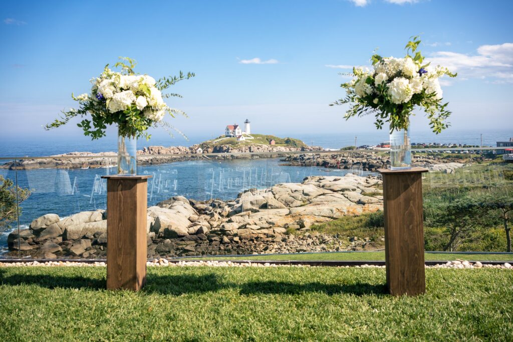 The ViewPoint Hotel Wedding in York, ME - Geraniums Red, Delphiniums Blue