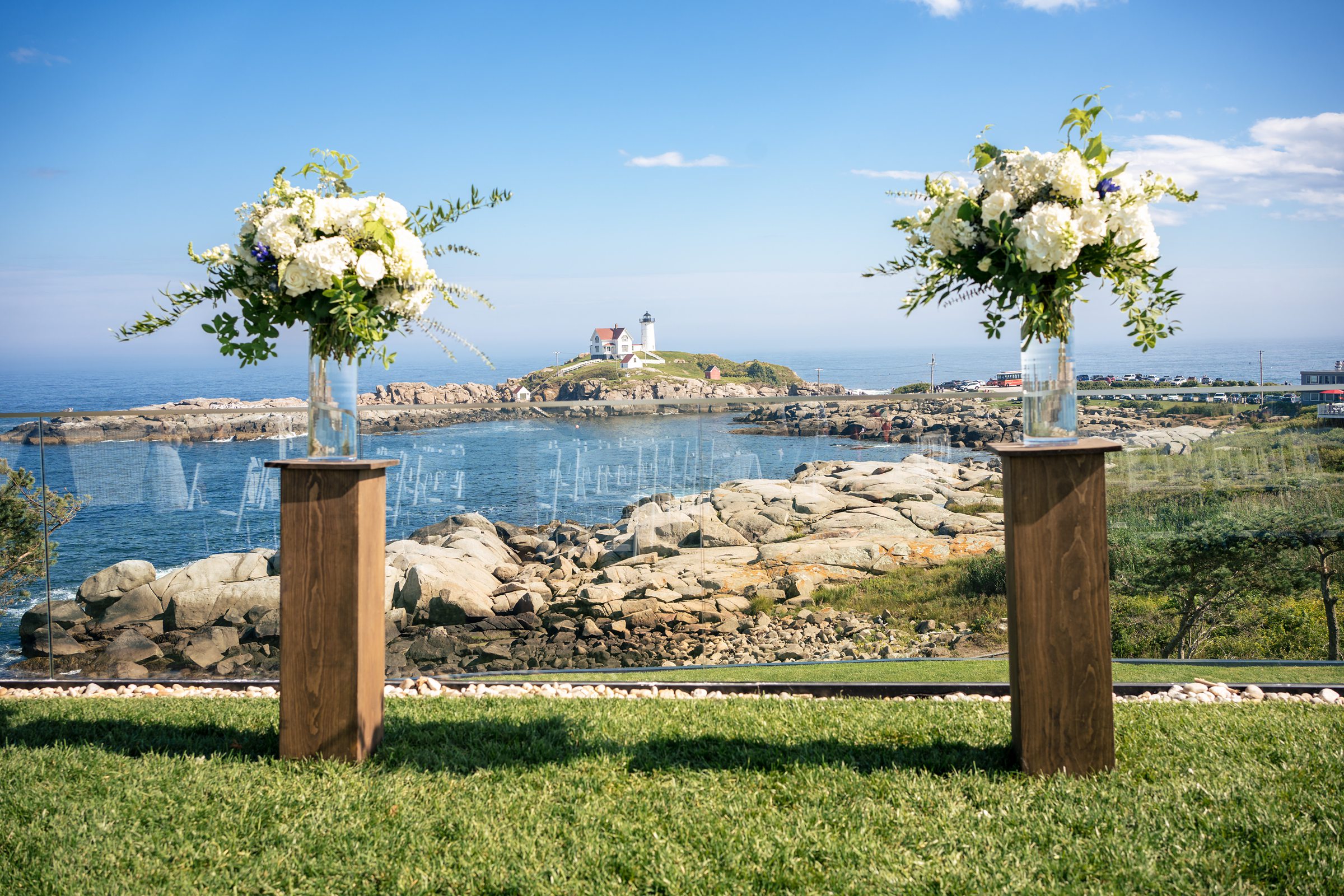 The ViewPoint Hotel Wedding in York, ME - Geraniums Red, Delphiniums Blue