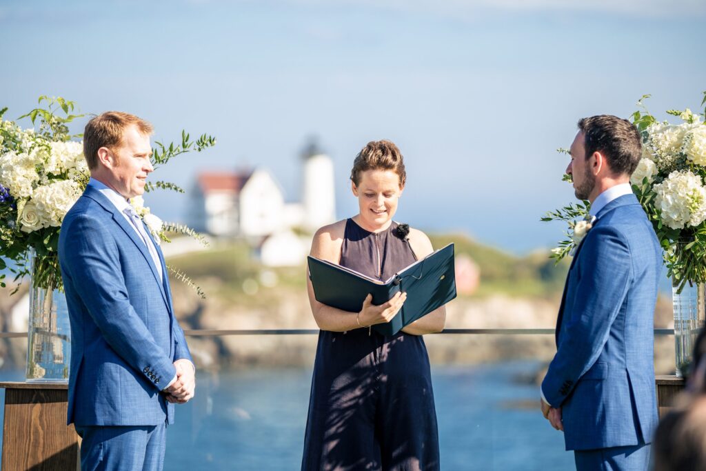 The ViewPoint Hotel Wedding in York, ME - Geraniums Red, Delphiniums Blue