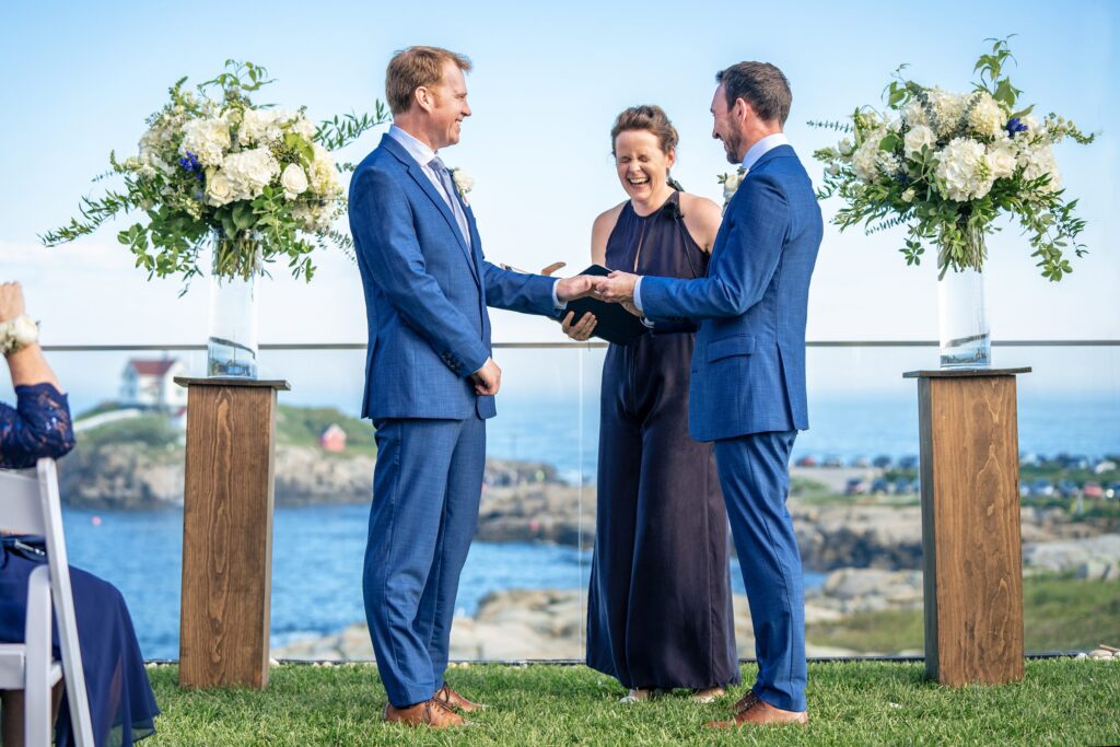 The ViewPoint Hotel Wedding in York, ME - Geraniums Red, Delphiniums Blue